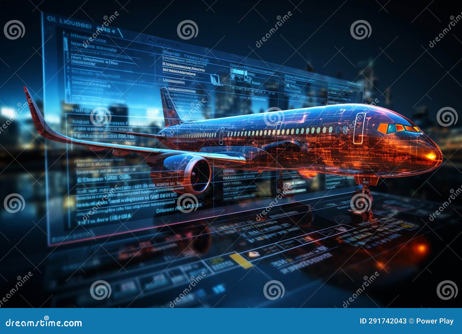 Airplane Flying in Blue Sky and Binary Code Interface. 3D Rendering ...