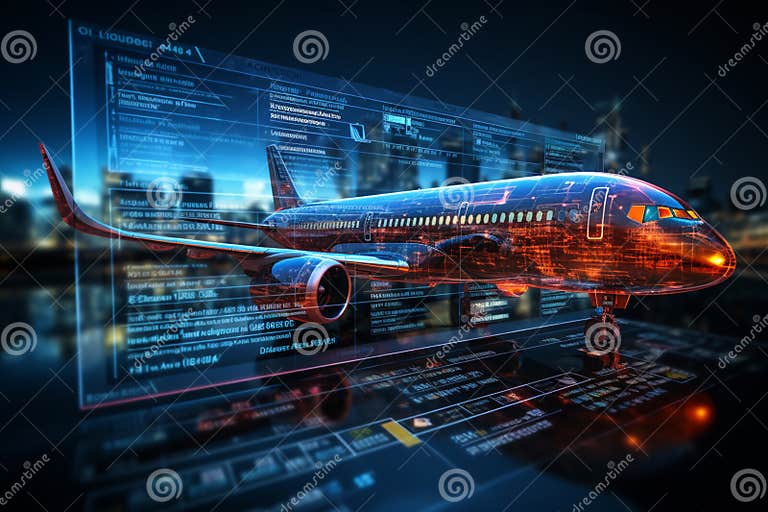Airplane Flying in Blue Sky and Binary Code Interface. 3D Rendering ...