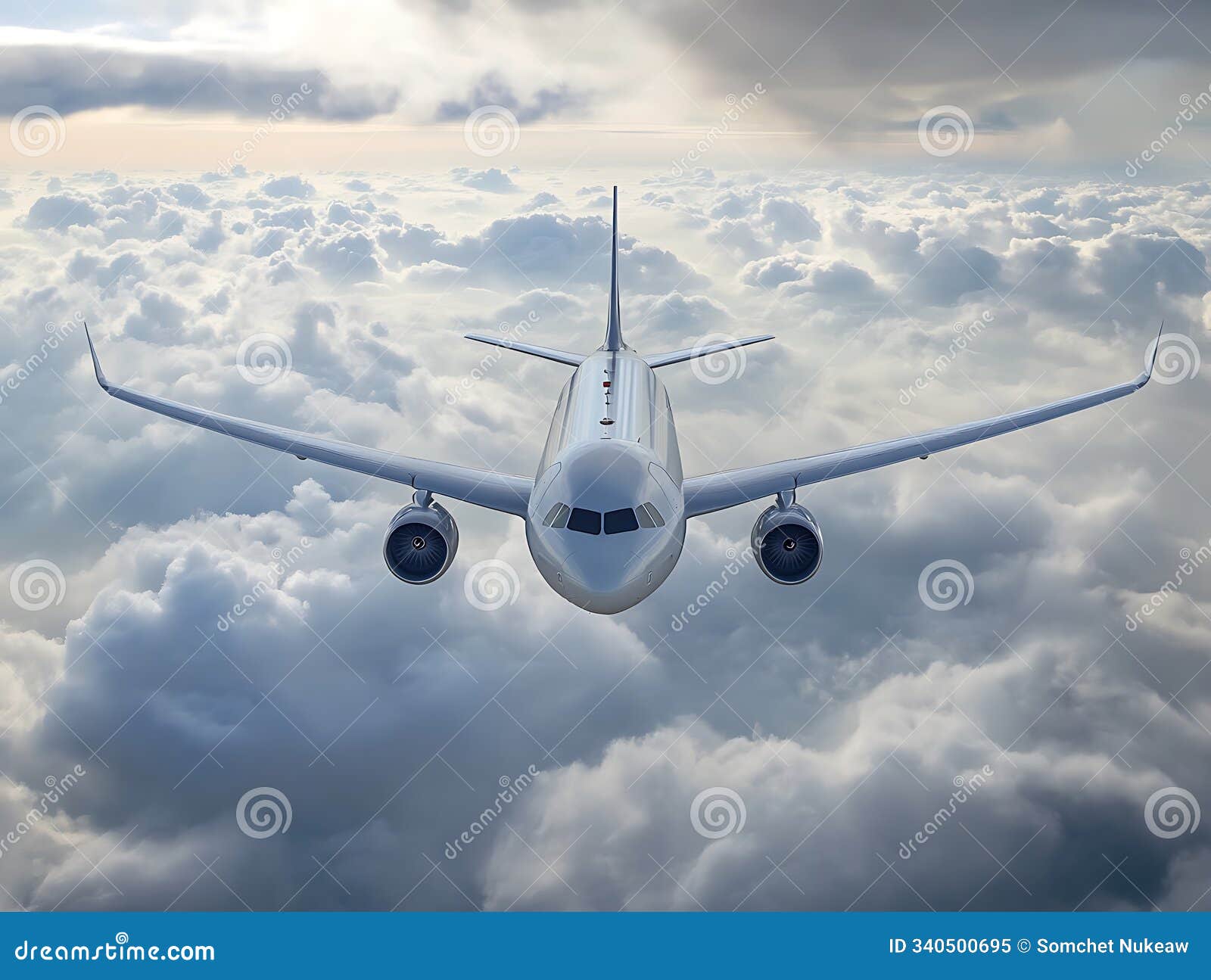 Airplane Flying through Clouds in a Blue Sky Stock Illustration ...