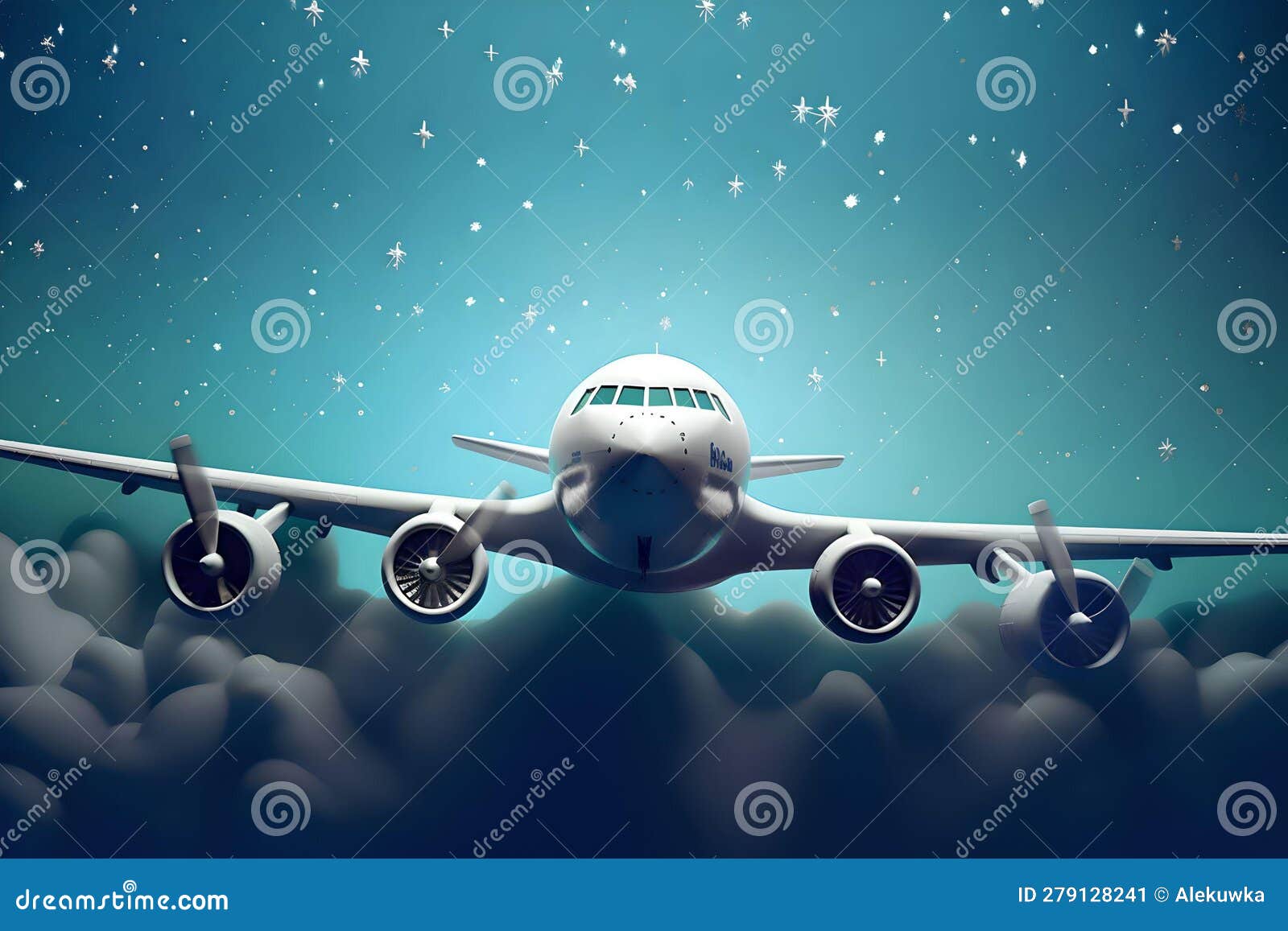 Airplane Flying in the Clouds Front View, Airplane Model on a Blue ...