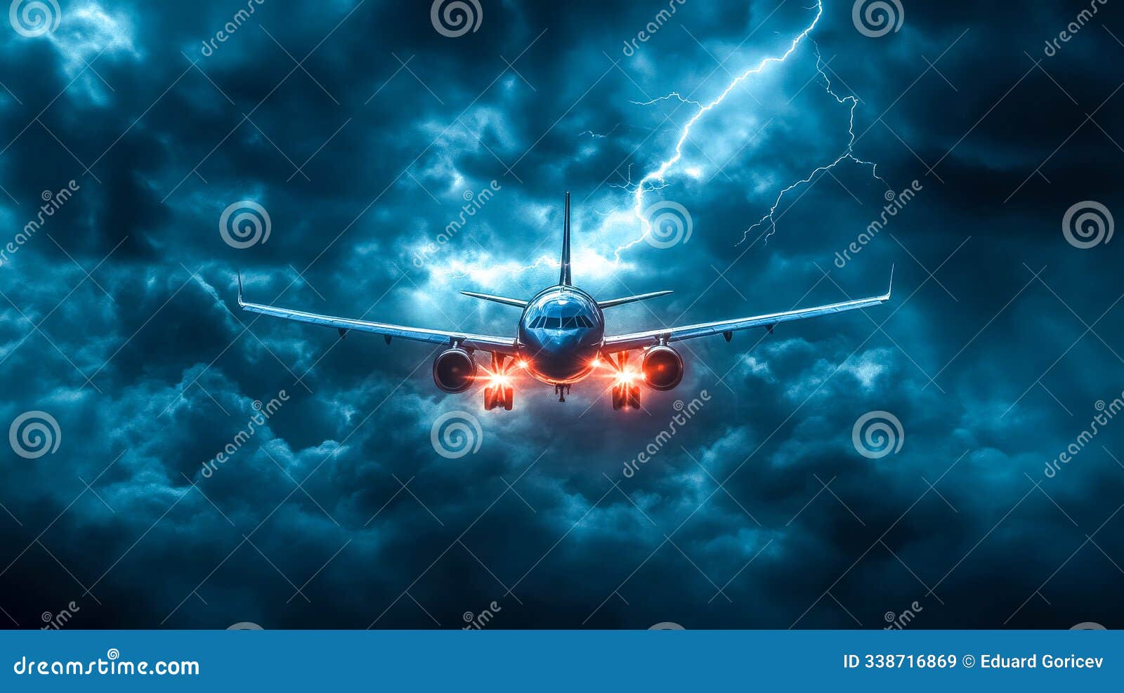 Airplane Flying through Dramatic Storm Clouds and Lightning Stock Image ...