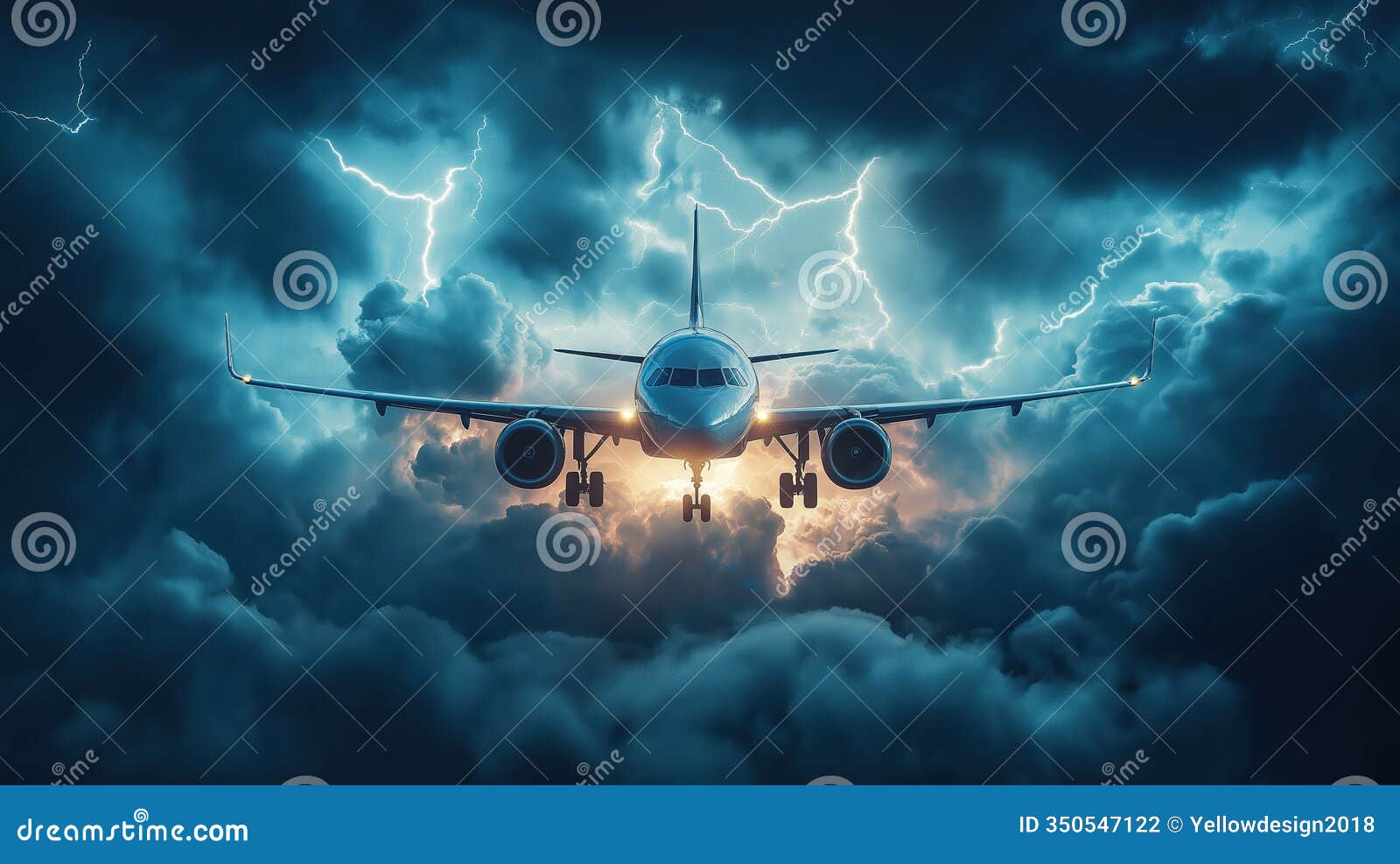 Airplane Flying through Dramatic Thunderstorm Clouds with Lightning ...