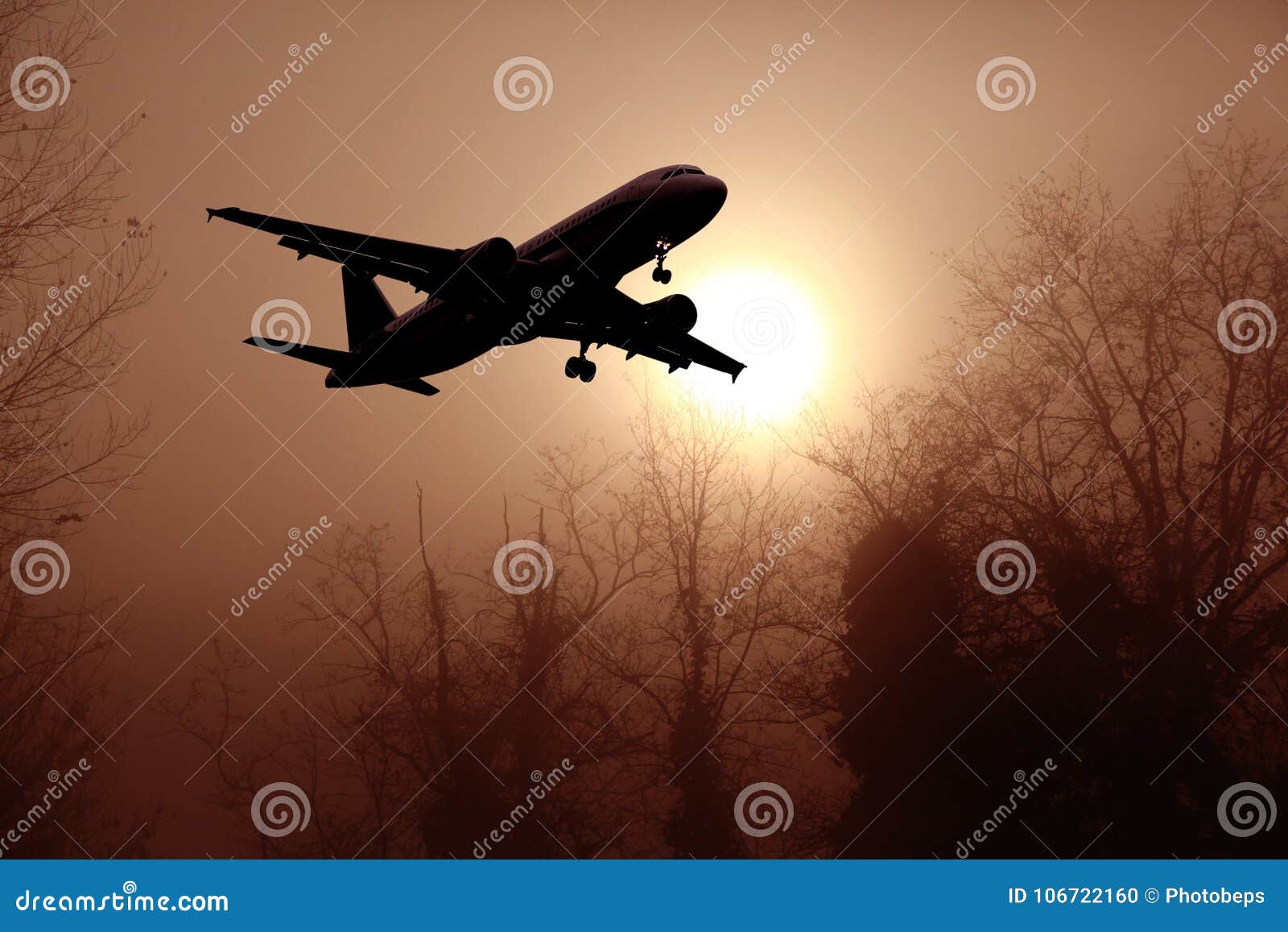 Airplane flying in the fog stock photo. Image of danger - 106722160
