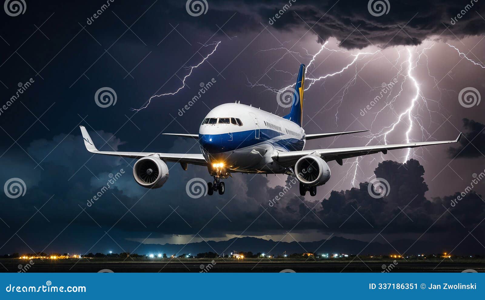 Airplane Flying through a Lightning Storm with a Dramatic Sky in the ...