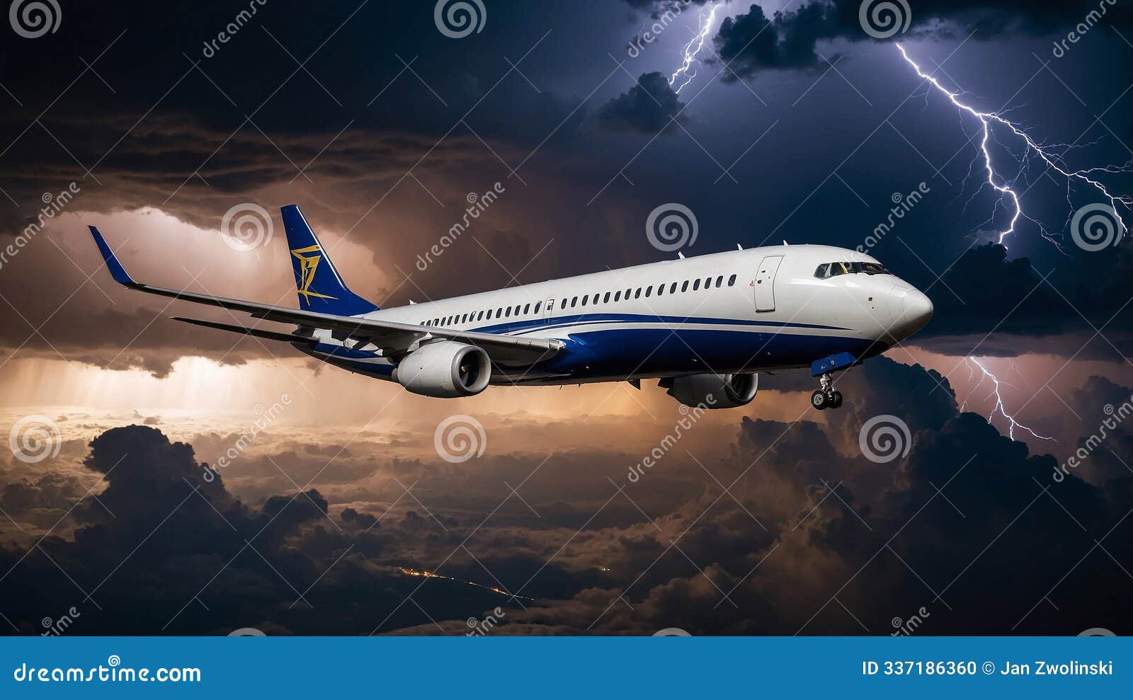 Airplane Flying through a Lightning Storm with a Dramatic Sky in the ...