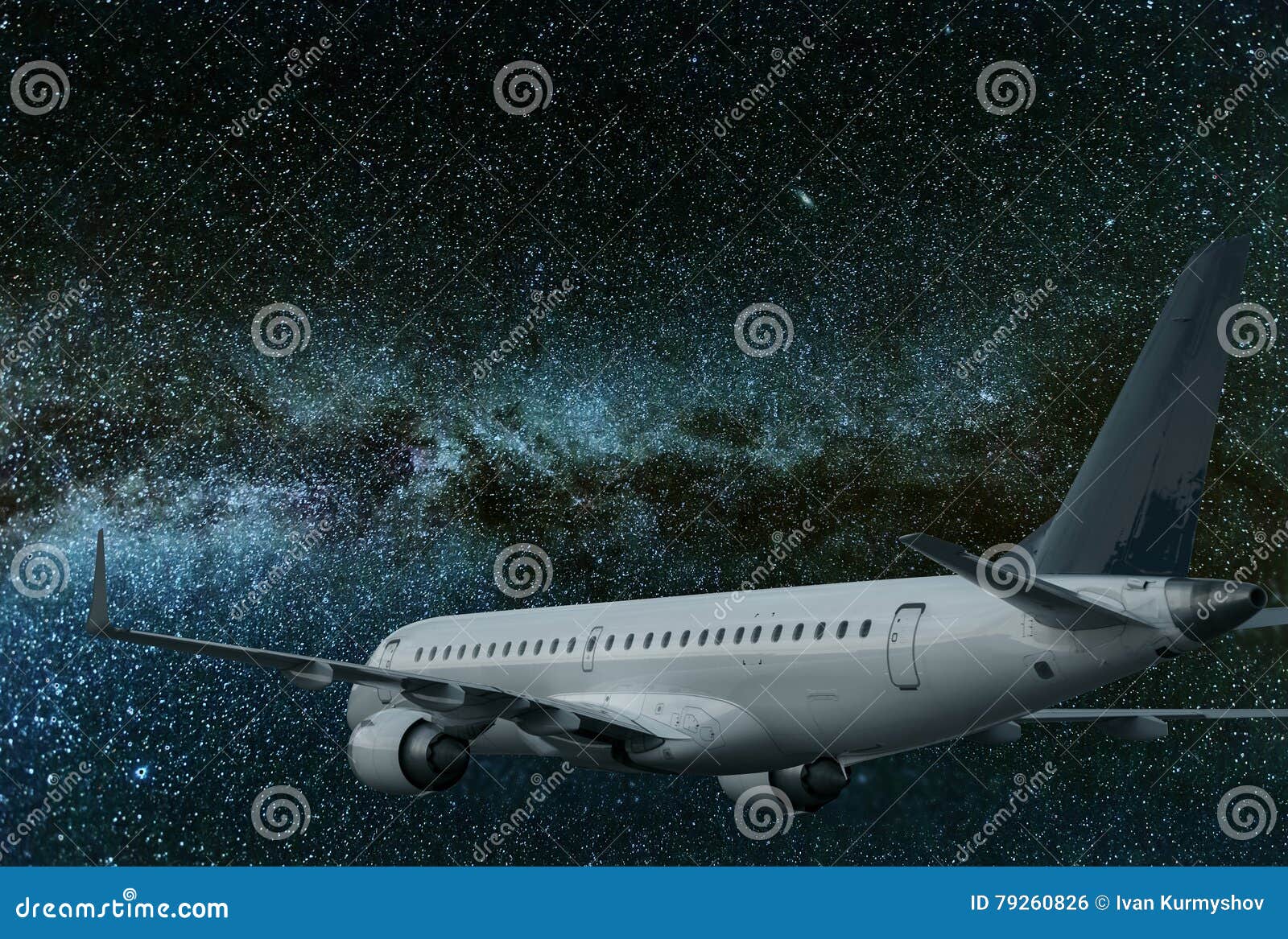 Airplane Flying at Night. Milky Way Galaxy Stock Photo - Image of space ...