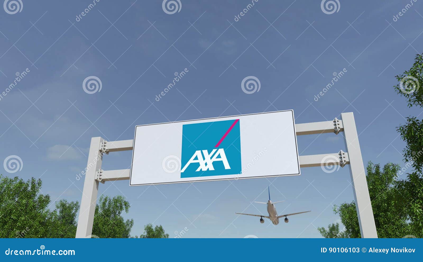 Airplane Flying Over Advertising Billboard with AXA Logo. Editorial 3D ...