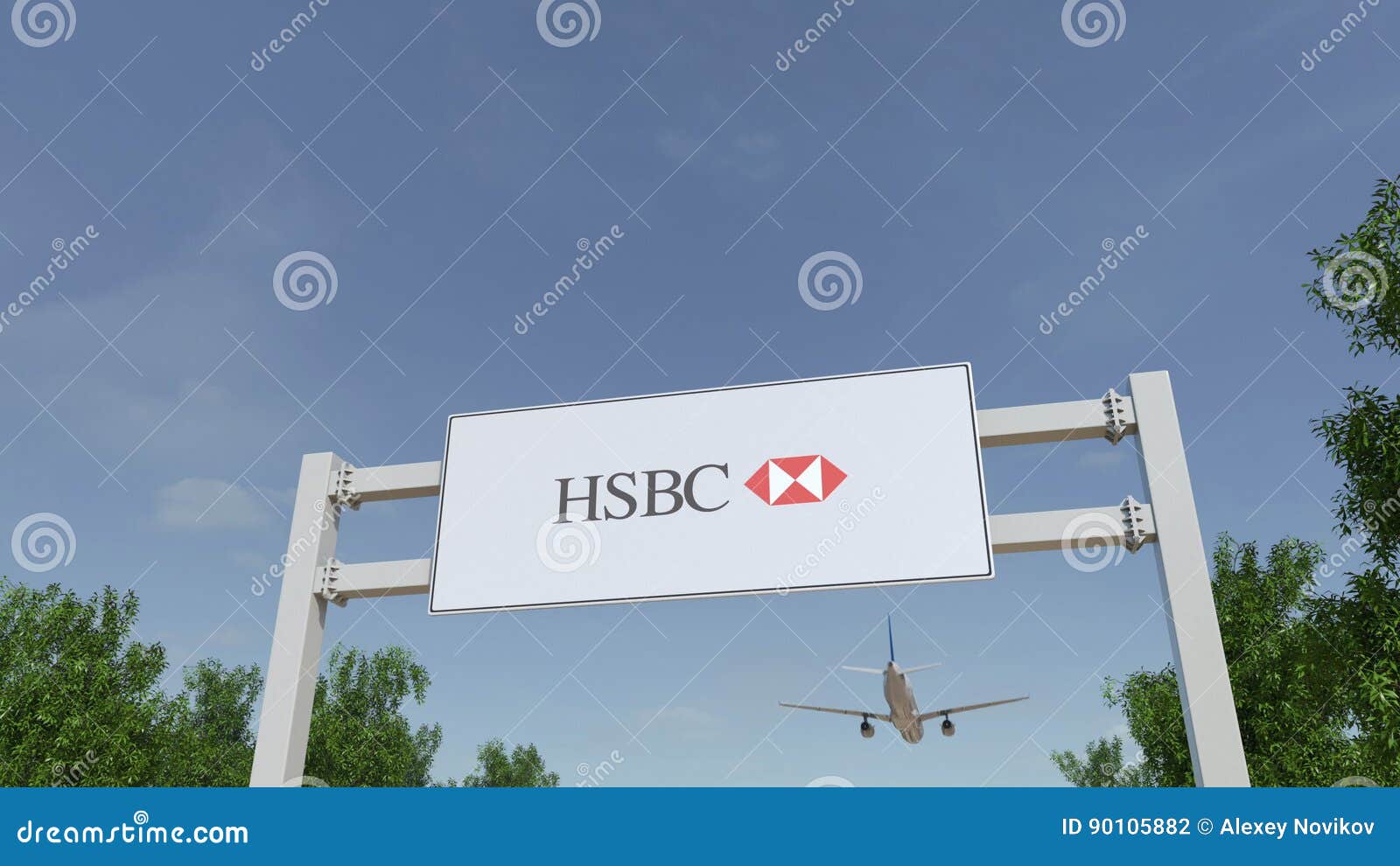 Airplane Flying Over Advertising Billboard with HSBC Logo. Editorial 3D ...