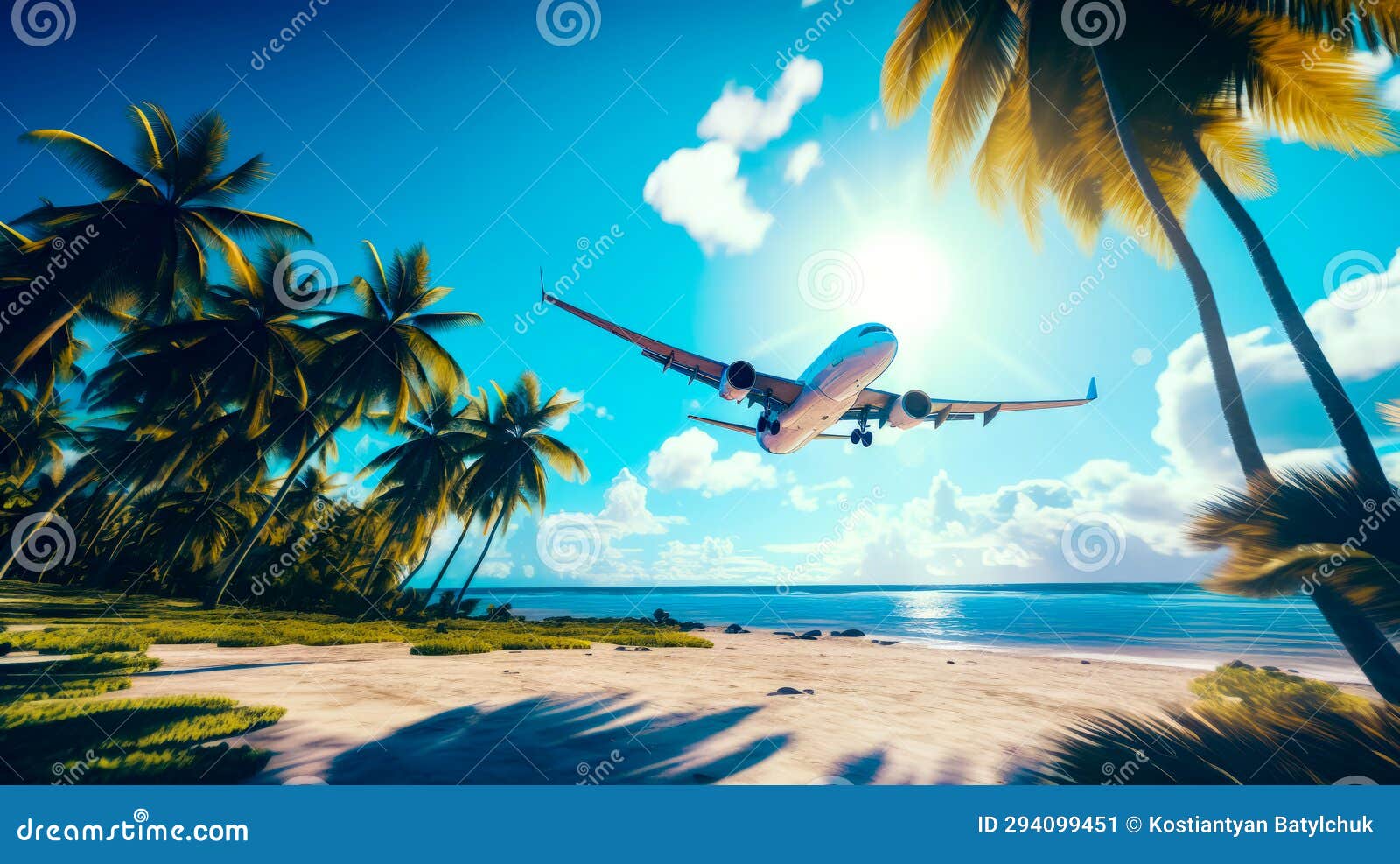Airplane Flying Over Beach with Palm Trees and the Sun in the ...