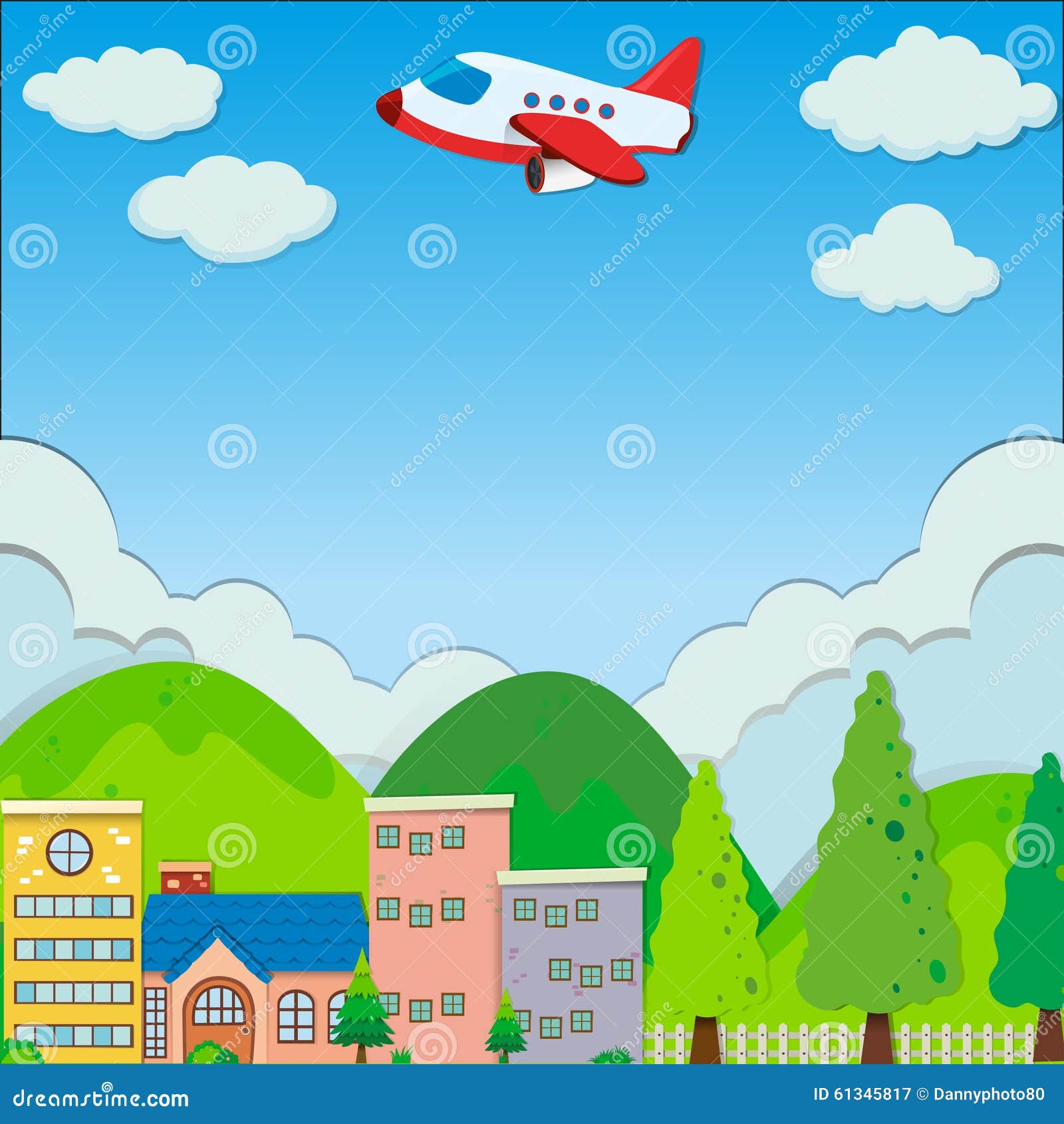 Airplane Flying Over Buildings in Suburb Stock Illustration ...