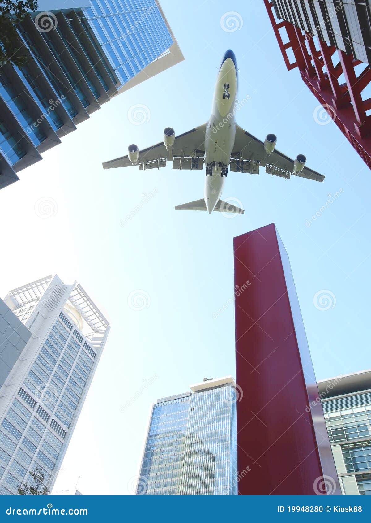 Airplane flying over city stock photo. Image of move - 19948280