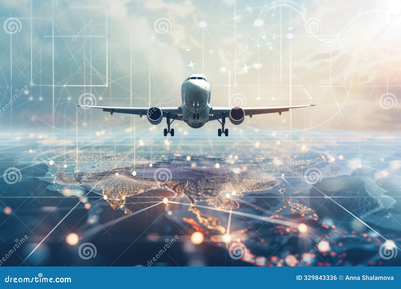 Airplane Flying Over a Cityscape with Digital Network Overlay and ...