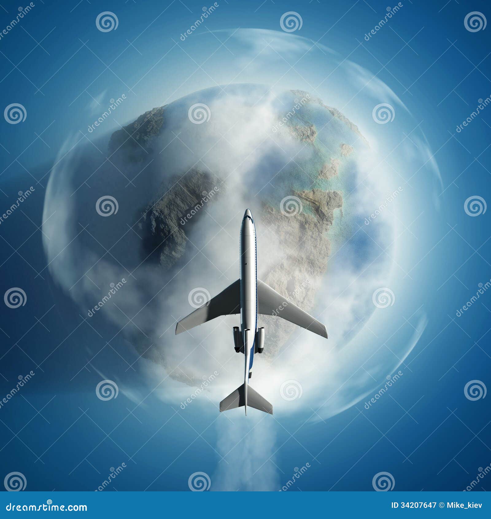 Airplane Flying With Wings Spread And Engines Visible Against Blue ...