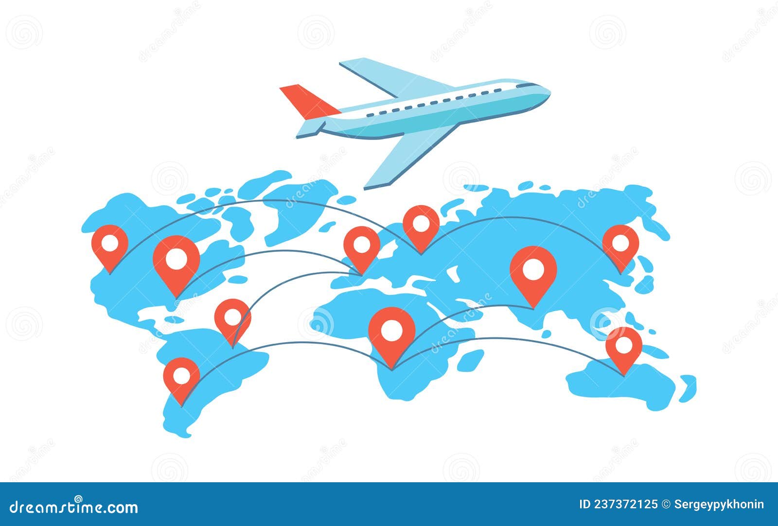 Airplane Flying Over Earth Map with Red Navigation Pointers. Travel the ...