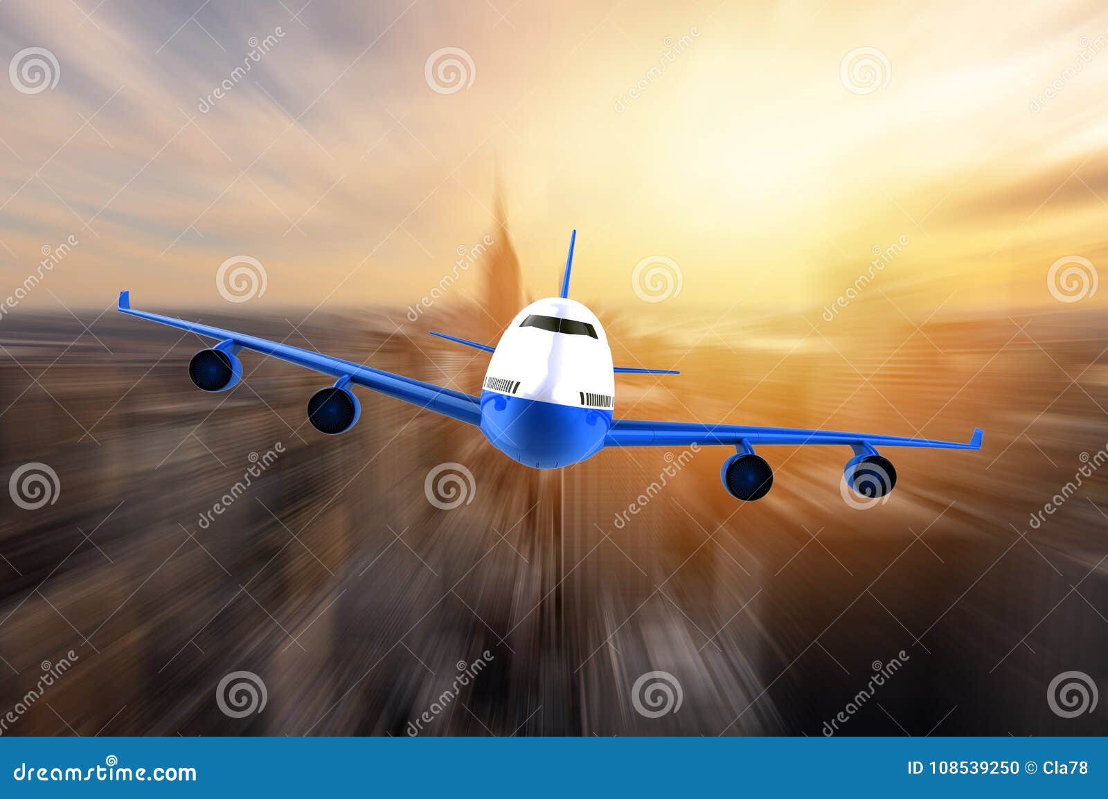 Airplane Flying Over a Moden Metropoly Stock Illustration ...