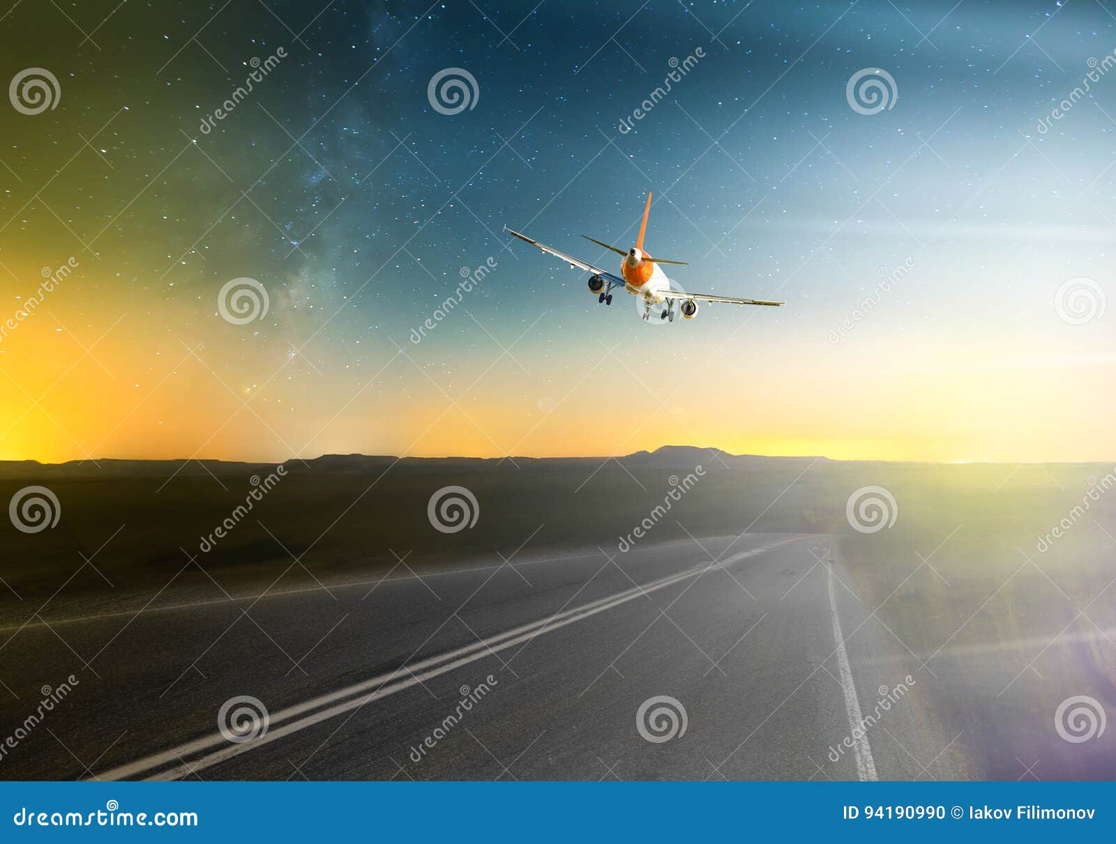 Airplane Flying Over Roadway Stock Photo - Image of background, moving ...