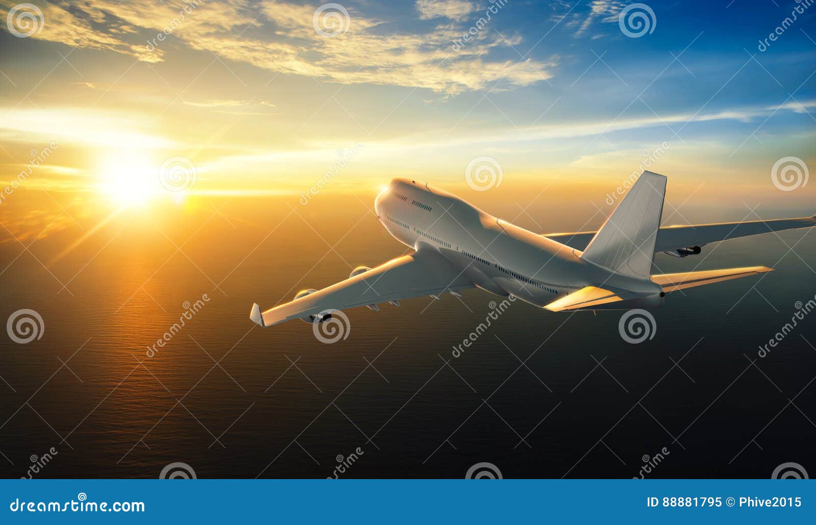 Airplane Flying Over the Sea during Sunset Stock Illustration ...