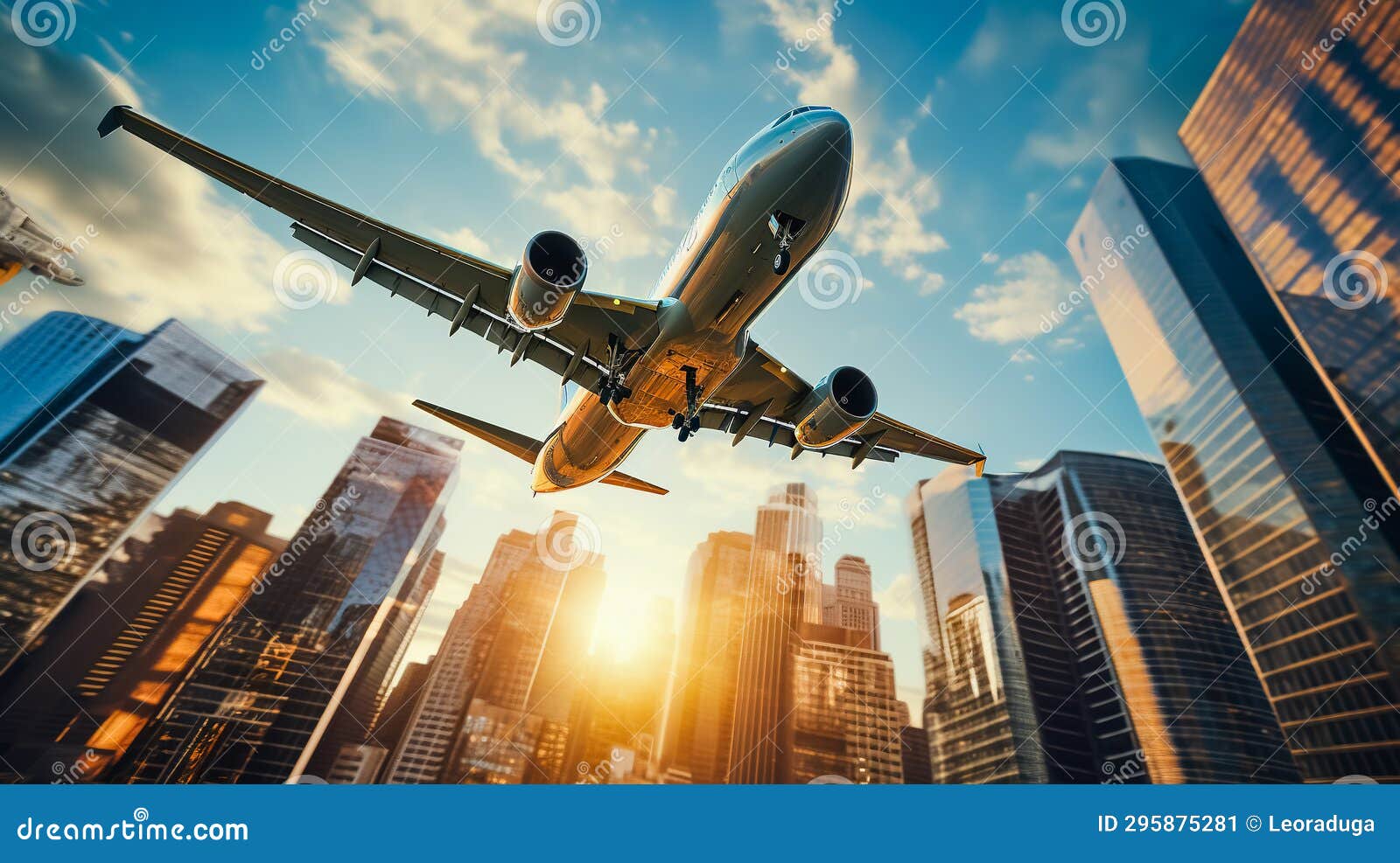 Airplane Flying Over Skyscrapers, View of a Bottom-up Stock ...