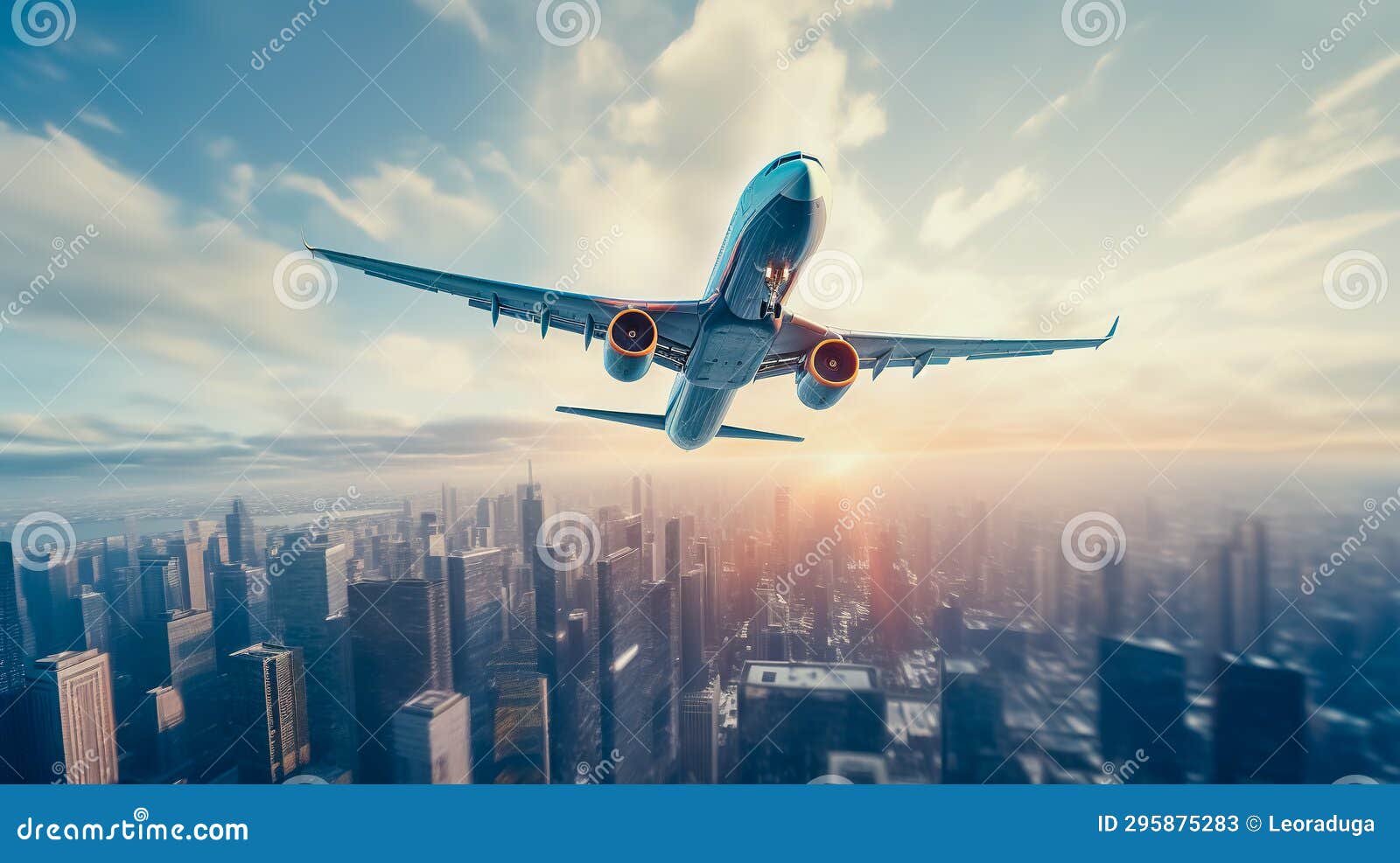 Airplane Flying Over Skyscrapers, View of a Bottom-up Stock ...