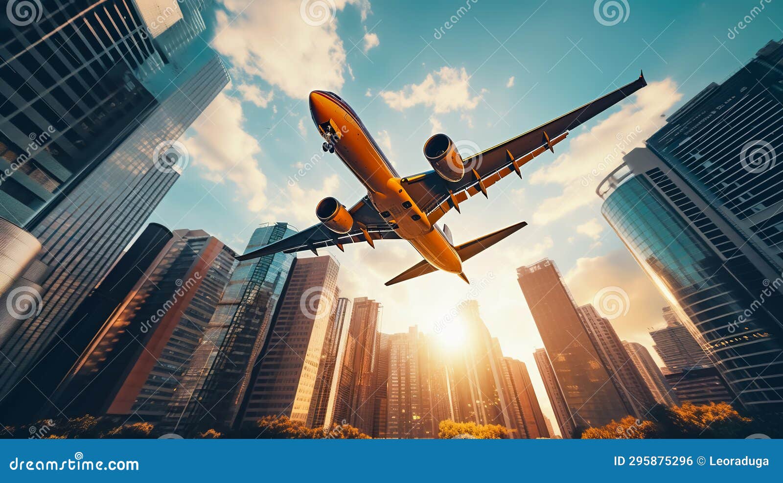 Airplane Flying Over Skyscrapers, View of a Bottom-up Stock ...