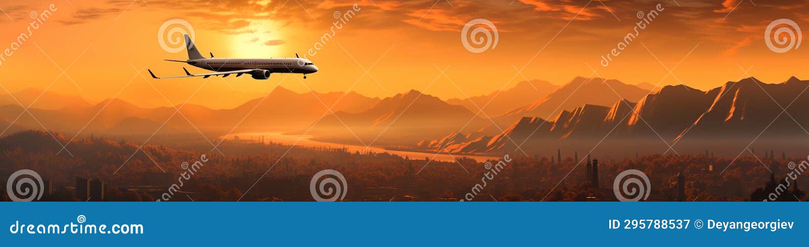 An Airplane Flying Over at Sunset. Hot Tones Panorama Stock ...