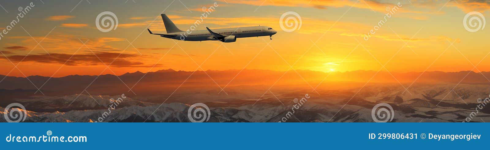 An Airplane Flying Over at Sunset. Hot Tones Panorama Stock ...
