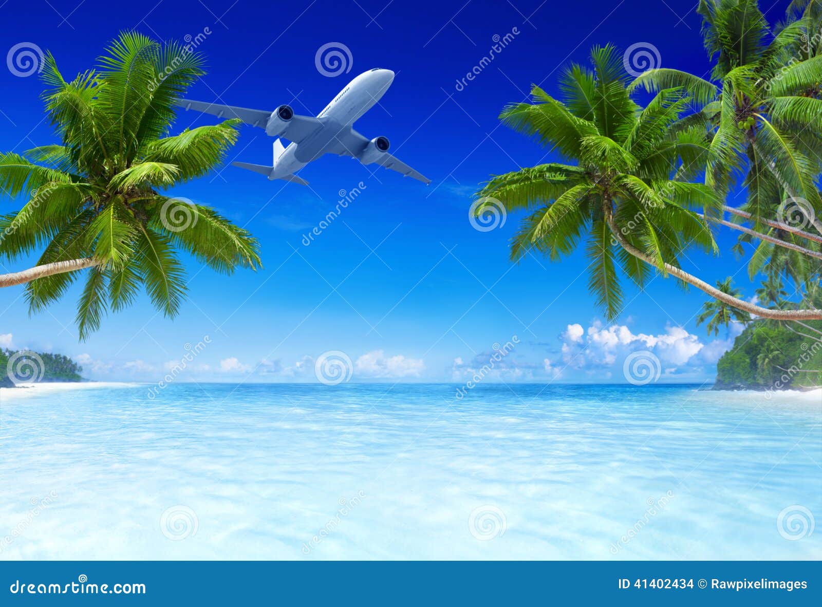 Airplane Flying Over Tropical Beach Stock Photo - Image of samoa ...