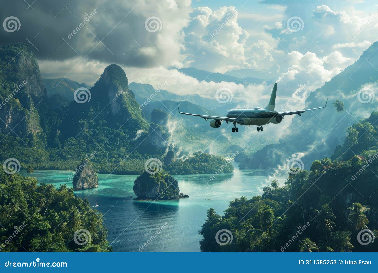 Airplane Flying Over Tropical Islands. Stock Image - Image of clouds ...