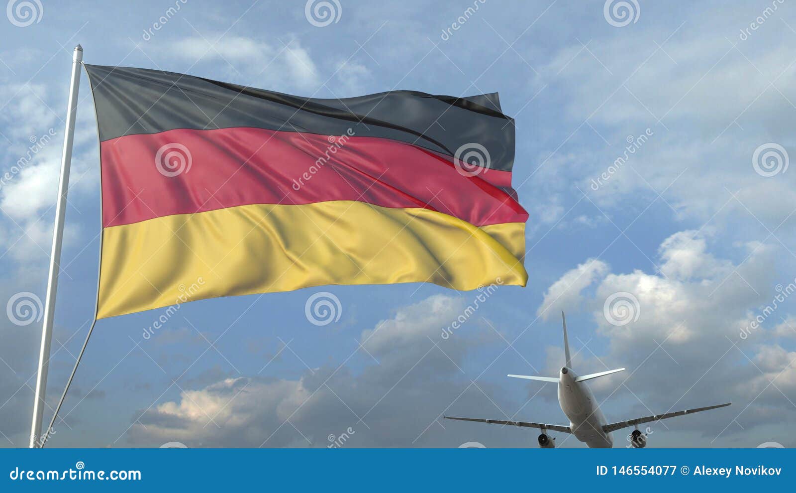 Airliner Flying Over Waving Flag of Germany. 3D Rendering Stock ...