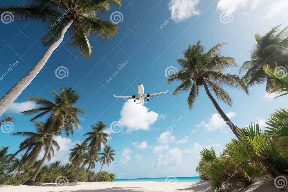 Airplane Flying Over a White Sandy Beach with Palm Trees. Generative AI ...