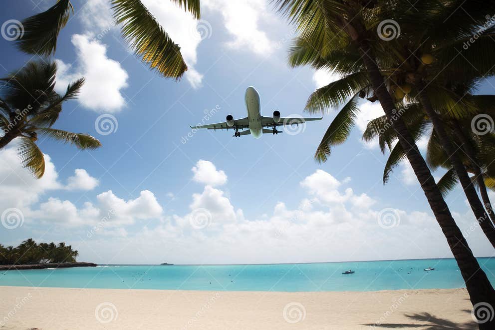 Airplane Flying Over a White Sandy Beach with Palm Trees.Generative AI ...