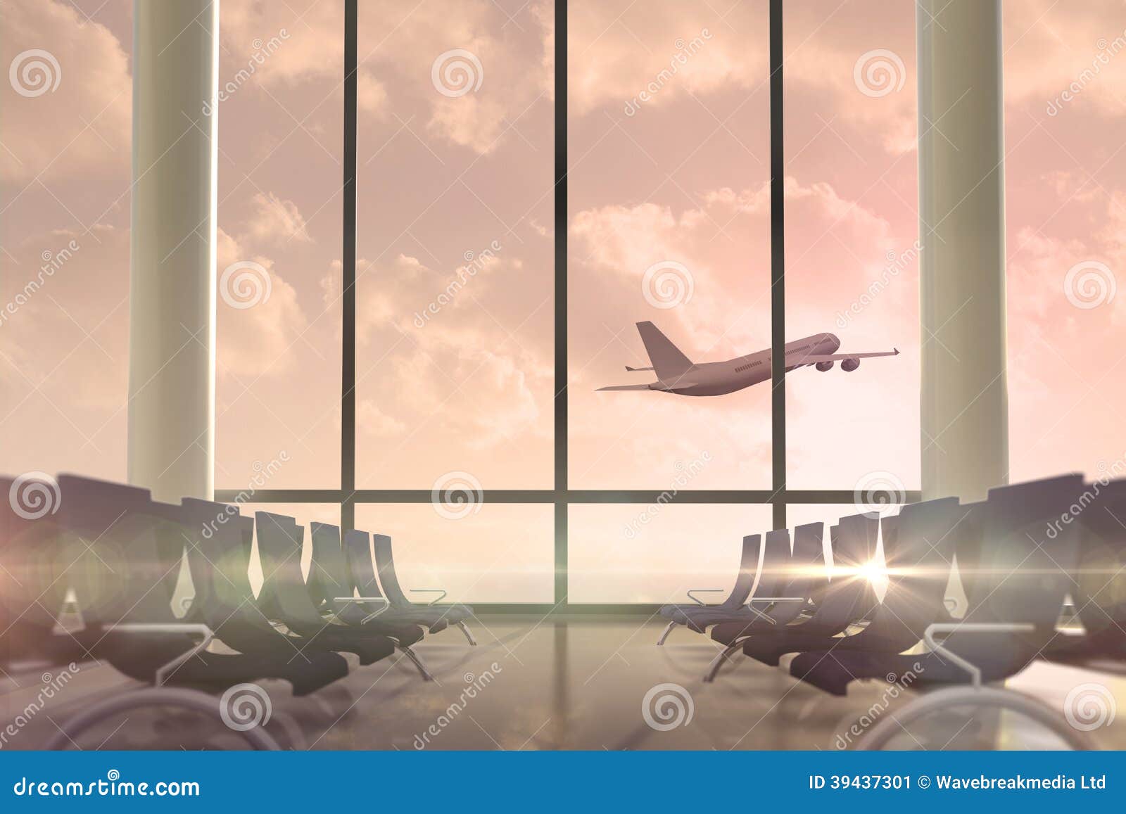 Airplane Flying Past Departures Lounge Window Stock Illustration ...