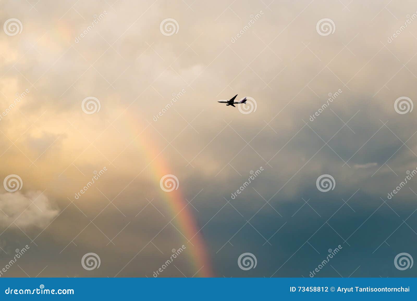 Airplane Flying in Rainbow Sky. Stock Photo - Image of gravity ...