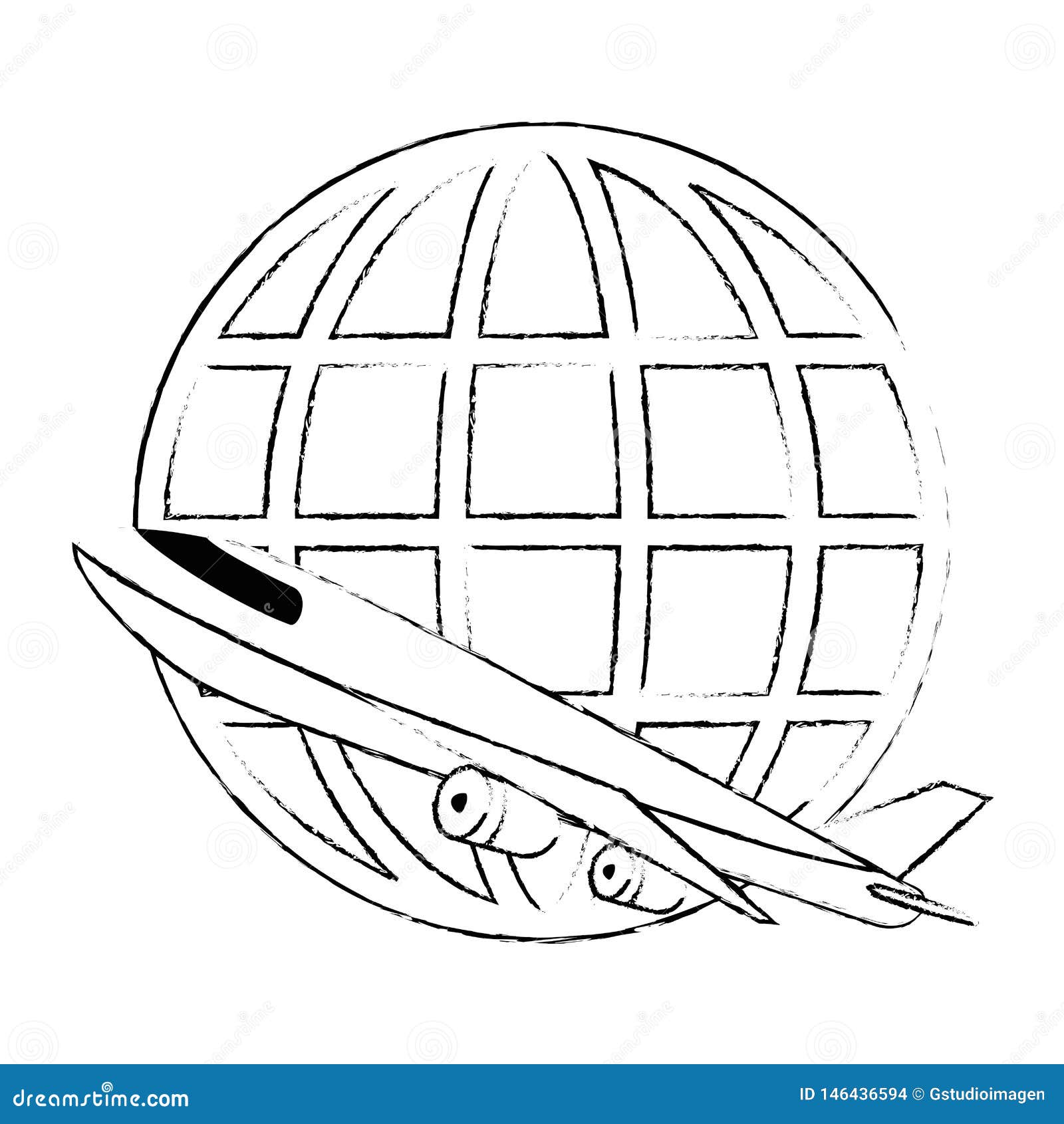 Airplane Flying with Sphere Planet Stock Illustration - Illustration of ...