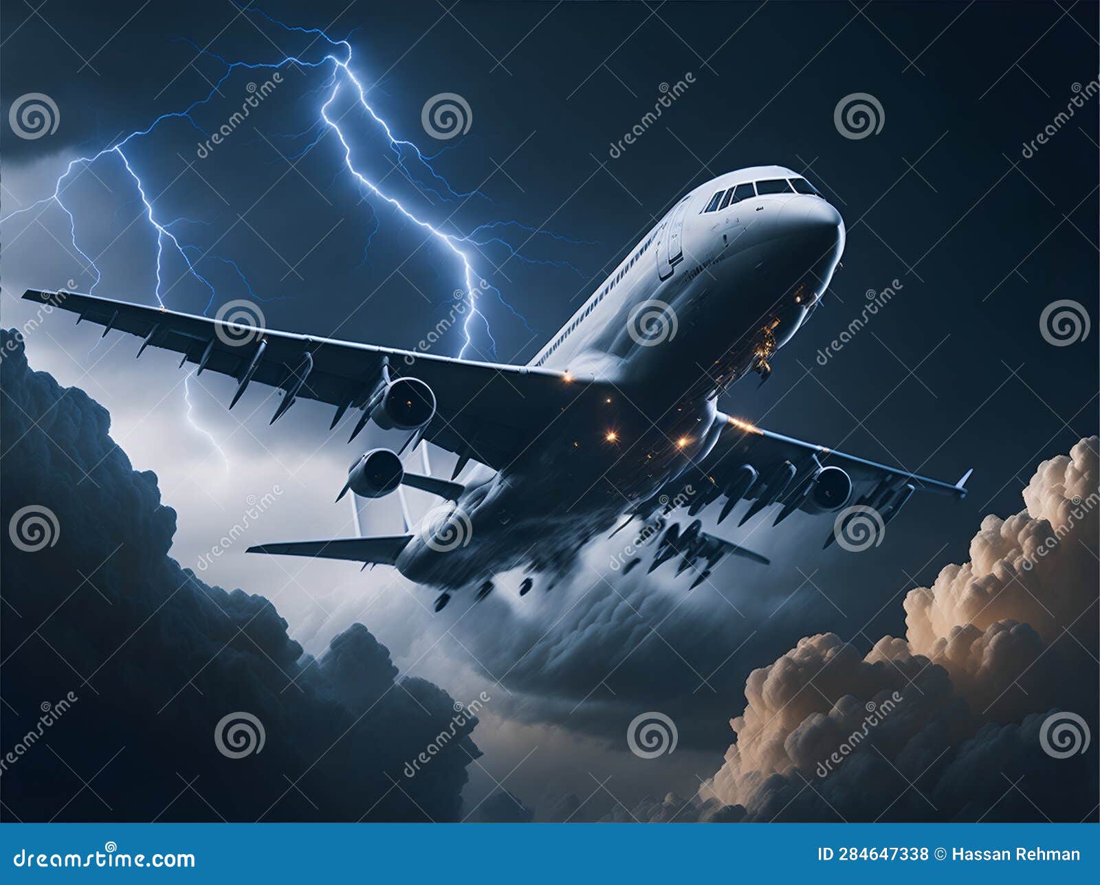 Airplane Flying through Storm Clouds with Lightning. Private Jet ...