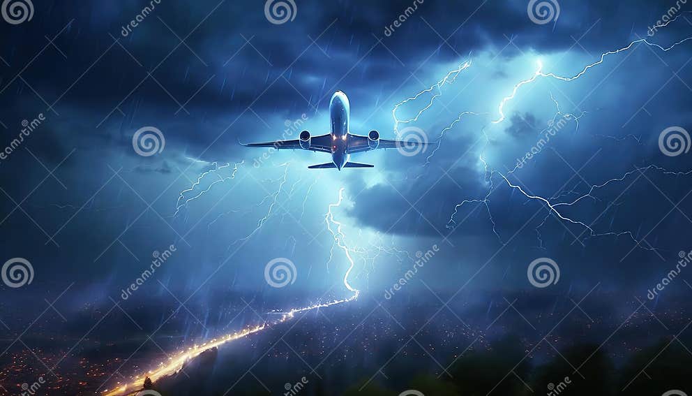 An Airplane Flying through a Storm with Lightning Striking Around it ...