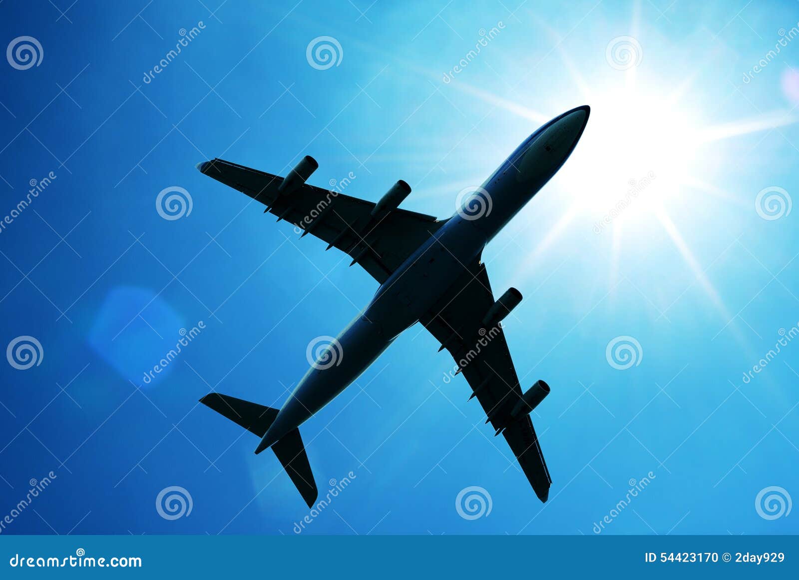 Airplane Flying Sun Sky, Blue, Daytime Stock Photo - Image of departure ...