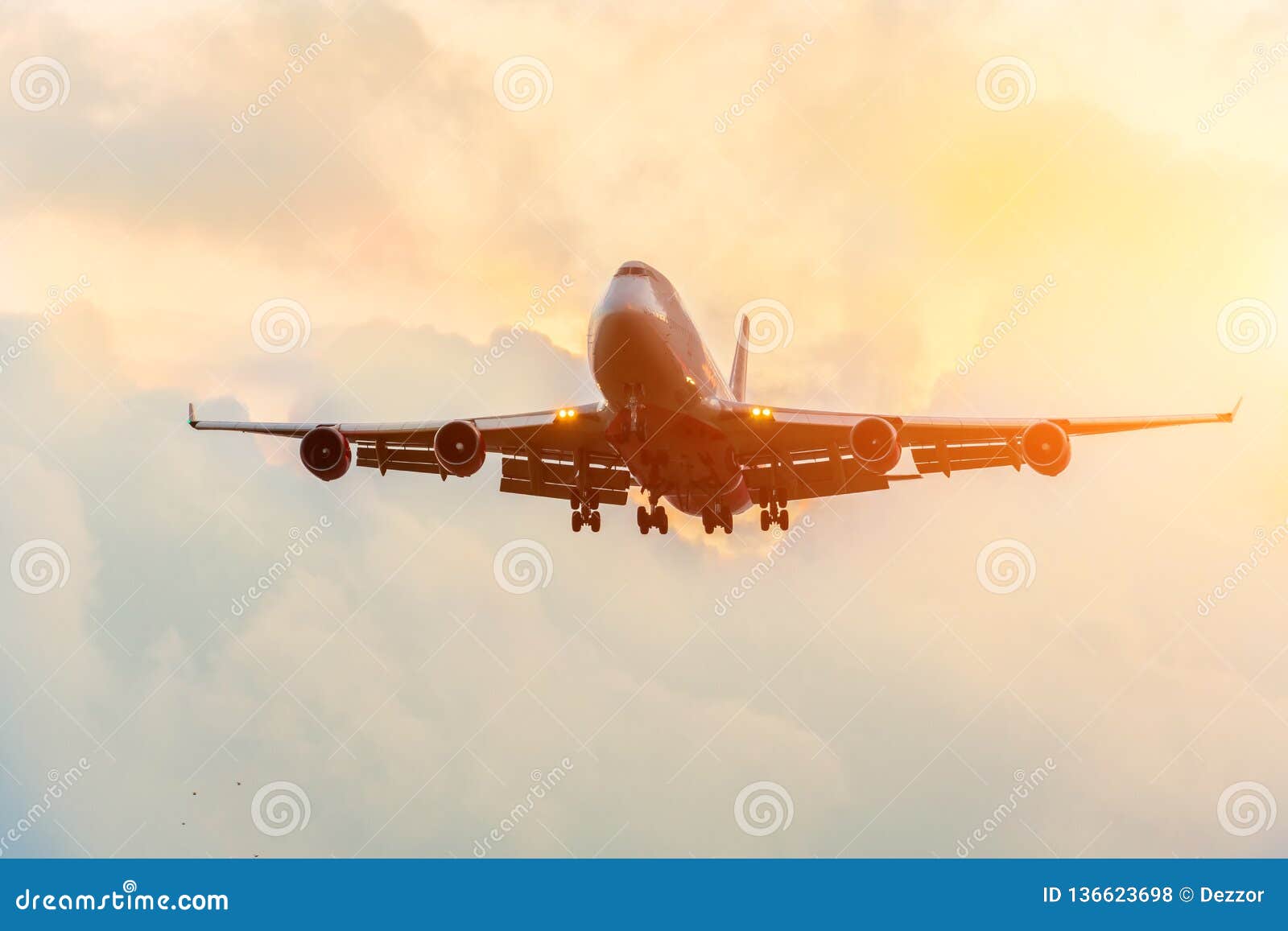 Airplane Flying Sunset Orange Sky Abstract Background Stock Photo ...