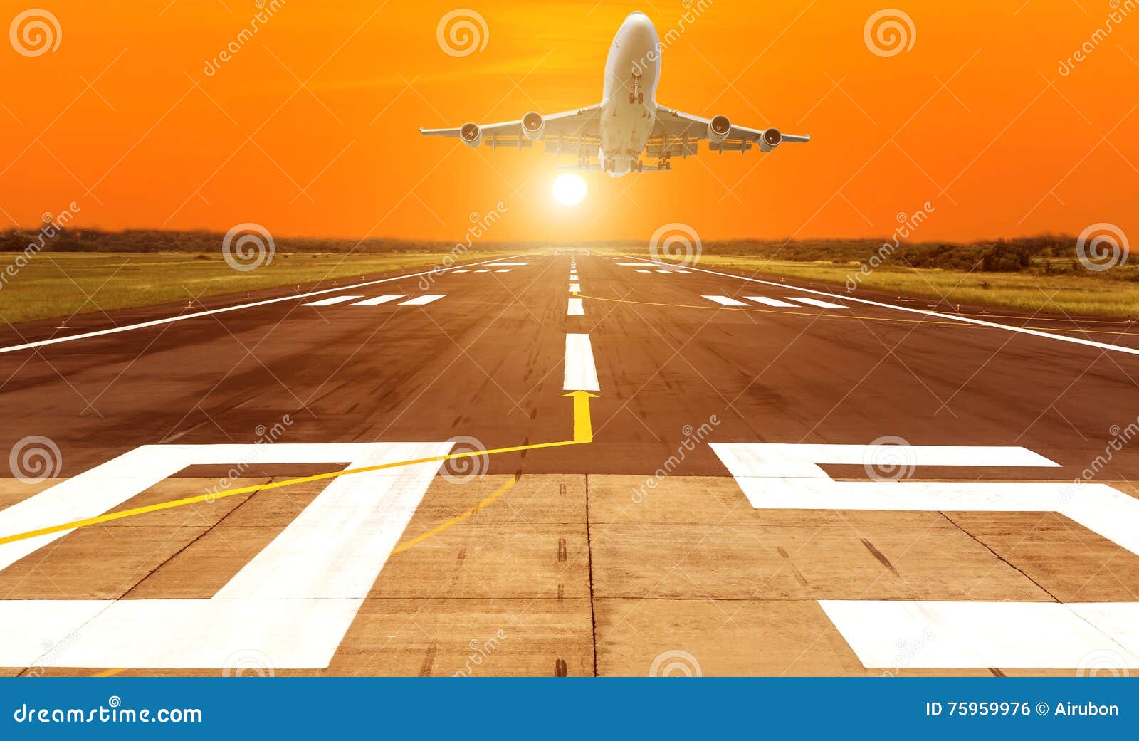 Airplane Flying Take Off from Runway on Sunset Stock Photo - Image of ...