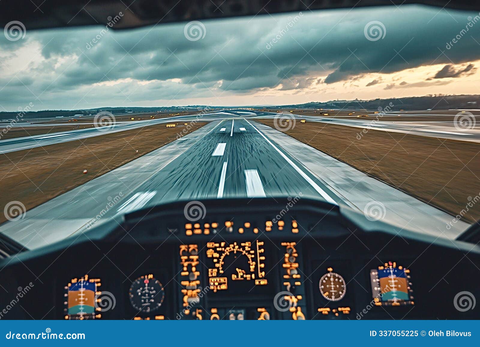 Airplane Gaining Speed on Runway during Takeoff from Cockpit View Stock ...