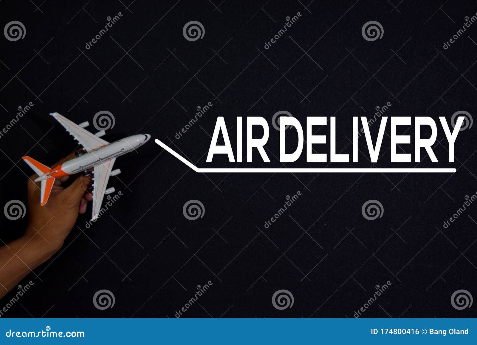 Airplane on Hand and Air Delivery Write on Dark Black Background. Cargo ...