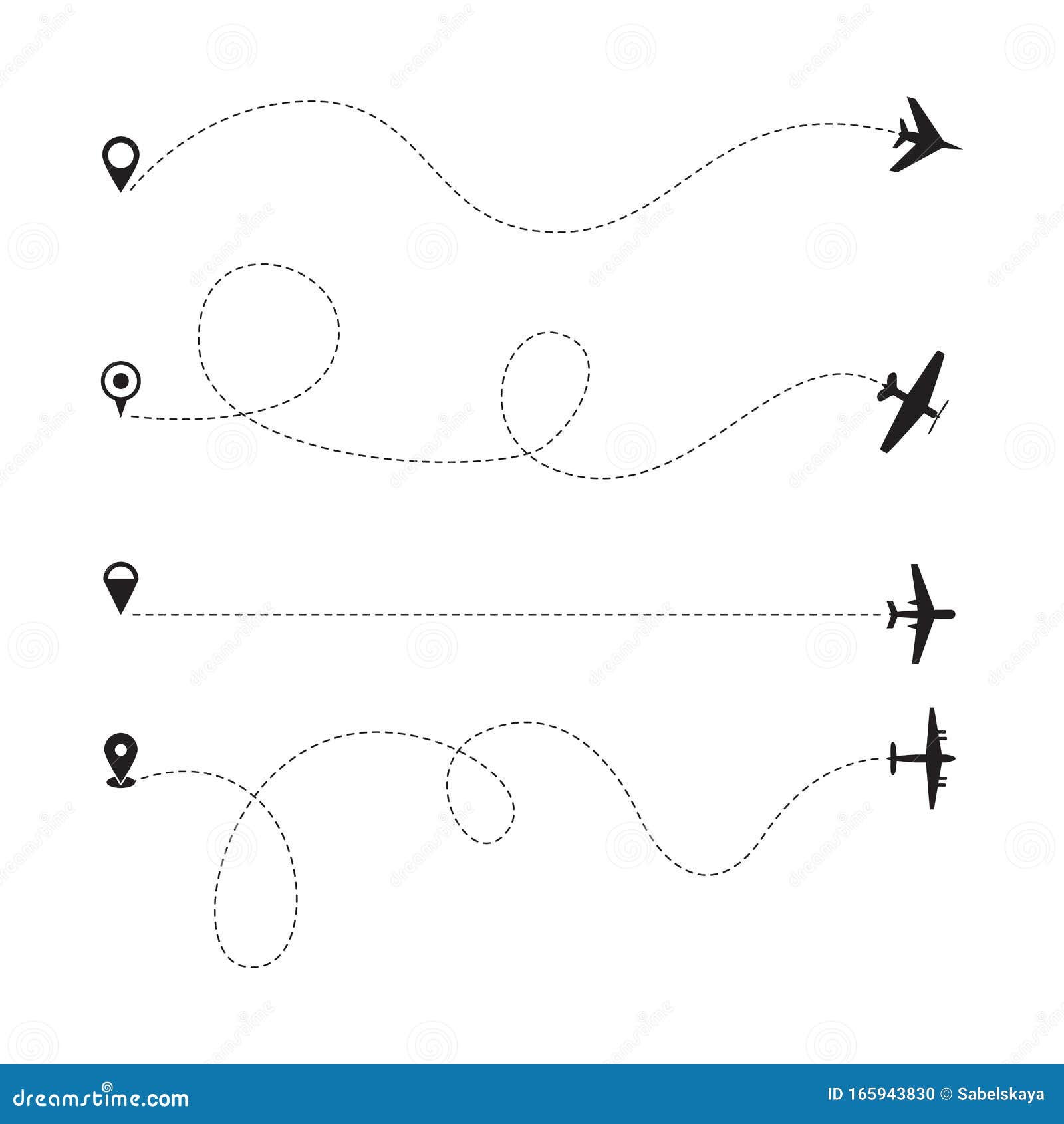 Airplane Icon Flight Path Set With Different Wavy Or Straight Trace ...