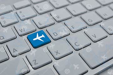 Airplane Icon on Modern Computer Keyboard Button with World Map Stock ...
