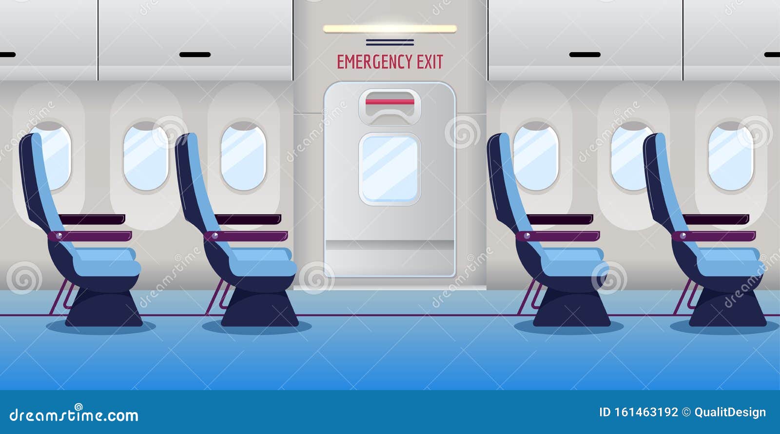 Airplane Inside. Empty Plane Interior With Emergency Exit Door. Vector ...