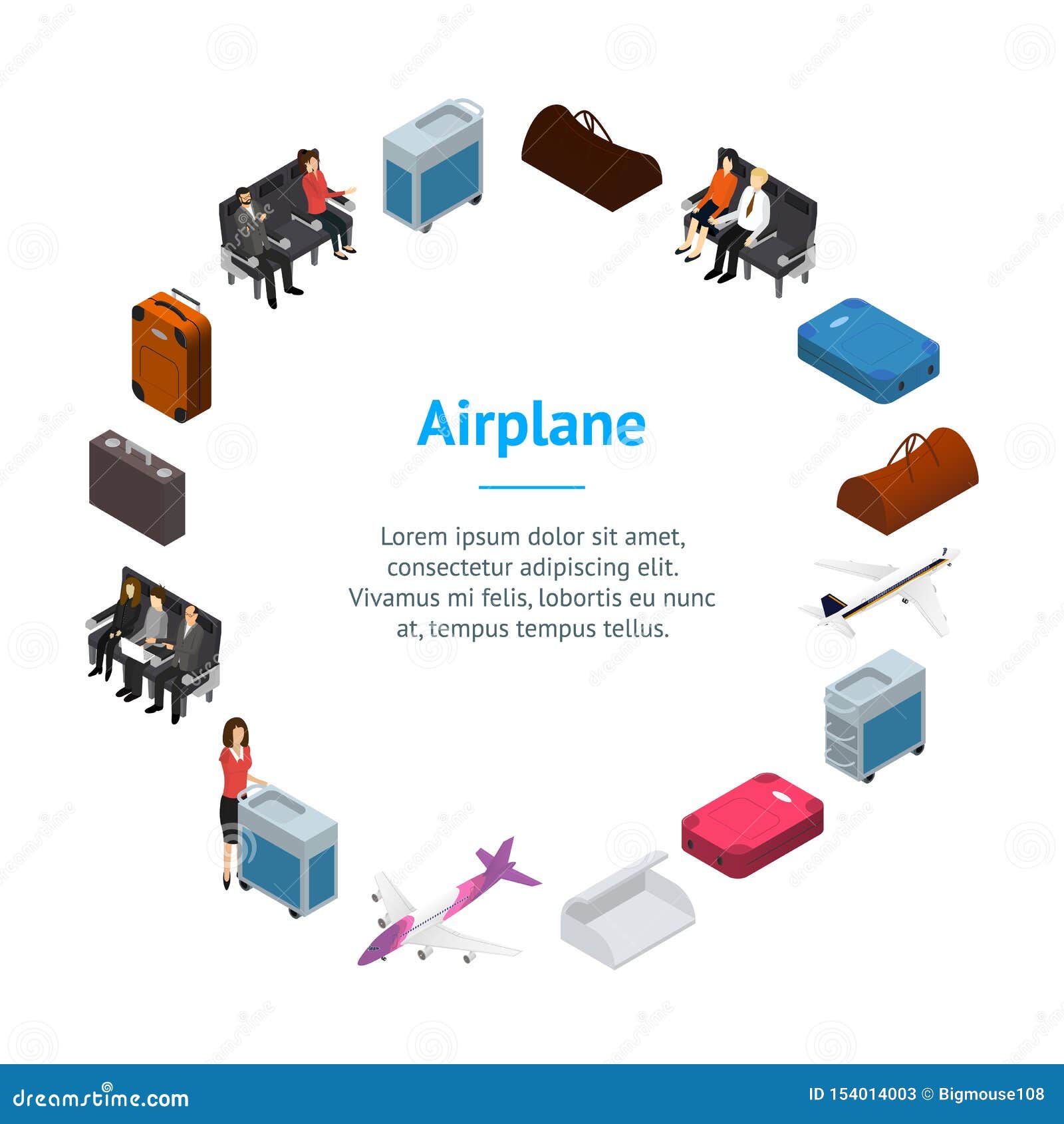 Airplane Interior Elements with People Banner Card Circle Isometric ...