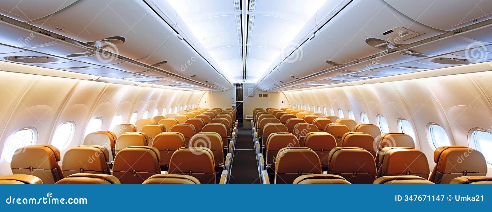 Airplane Interior with Empty Seats and Overhead Storage Compartment ...