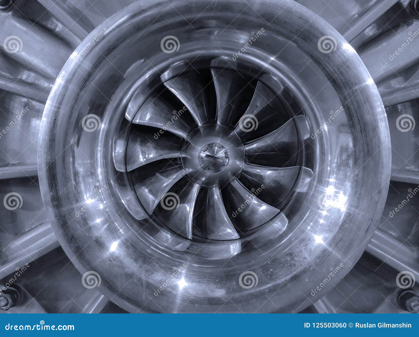 Airplane Jet Engine Turbine Blades Toned in Blue Stock Photo - Image of ...