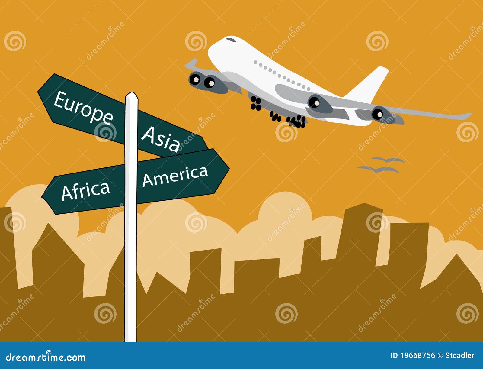 Airplane Landing Above the Sign Post Stock Illustration - Illustration ...