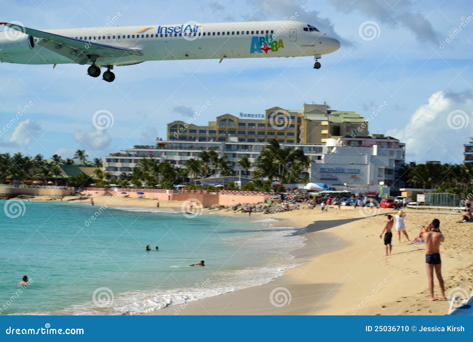 Airplane Landing Over Busy Beach Editorial Image - Image of landing ...