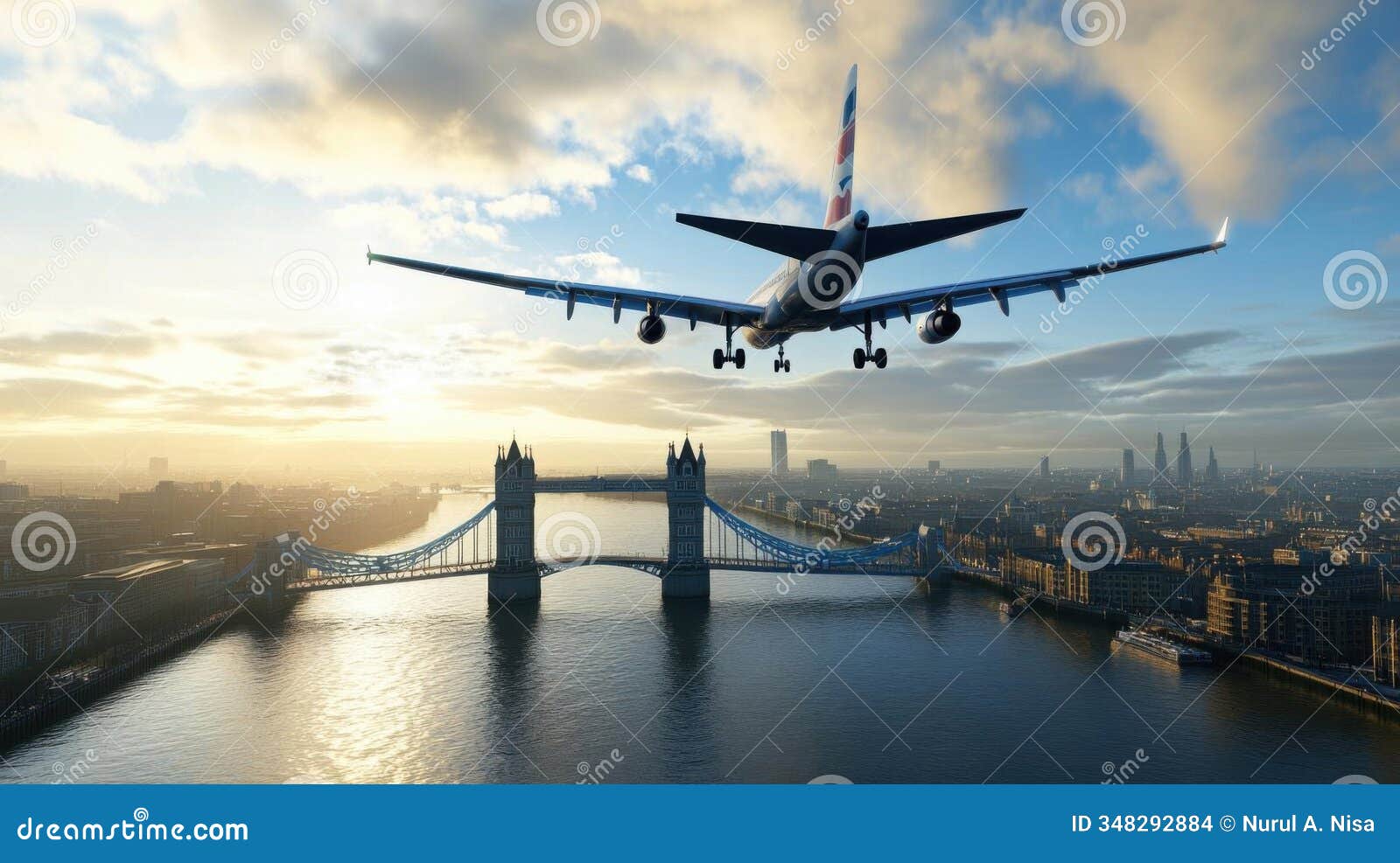 Airplane Landing Over Tower Bridge in London Stock Illustration ...